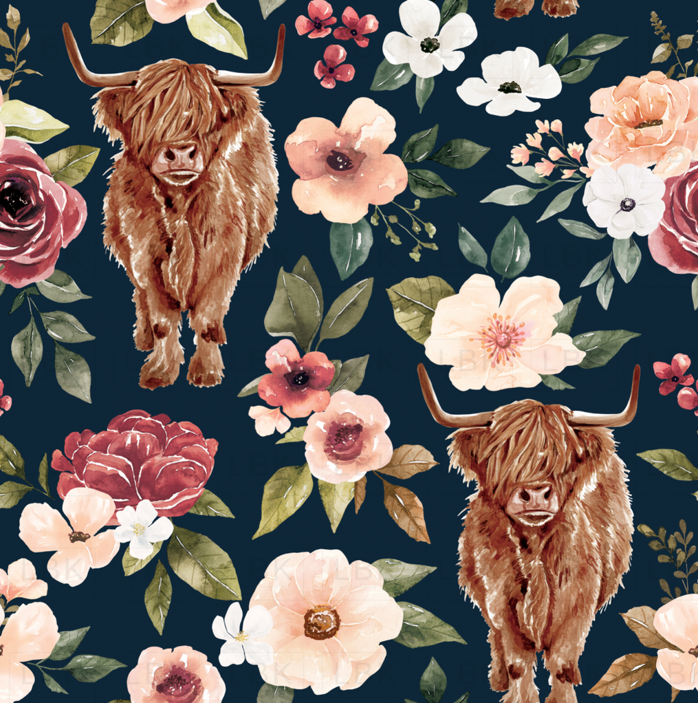 Highland Cow Floral Navy Blue — LBK Printing Co.